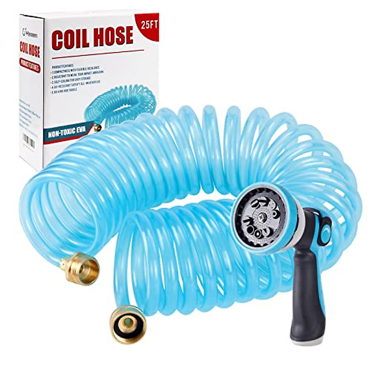 Yereen Coil Garden Hose 25FT, EVA Recoil Garden Hose, Transparent Self-coiling Water Hose with 3/4" Brass Connector Fittings with 10 Function Spray Nozzle, Blue
