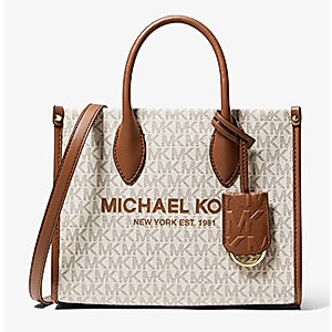 Michael Kors Mirella Small Shopper Top Zip Bag bundled SM TZ Coinpouch Purse Hook (Vanilla/Luggage)