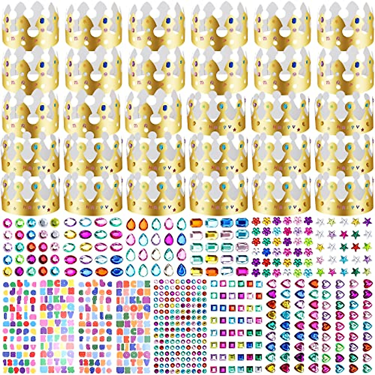 30-Piece Paper Crowns Birthday Crown Hat Paper Kits with Gems Letter Alphabet Stickers DIY Party Crown Hats Birthday Party Favor Supplies Decoration for Kids and Adults