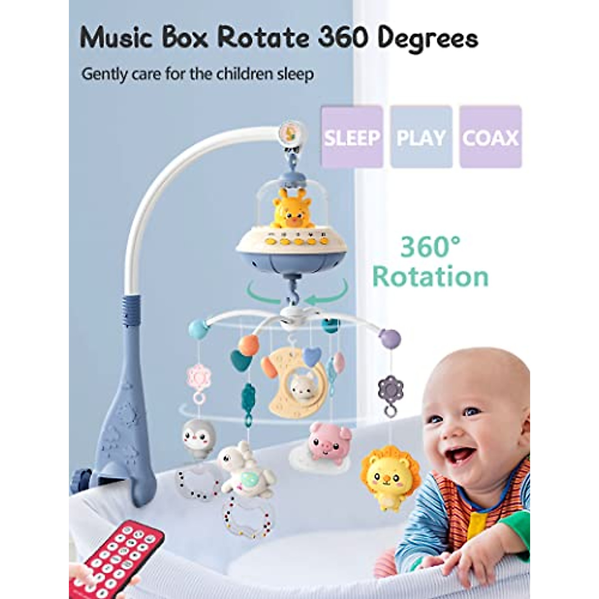 BSROLUNA Baby Crib Mobile with Music and Lights, Baby Mobile for Crib with Remote Control, Hanging Rotating Animals Rattles, 16 Songs and Timing Function, Cartoon Baby Crib Toys for Boys (Baby Blue)