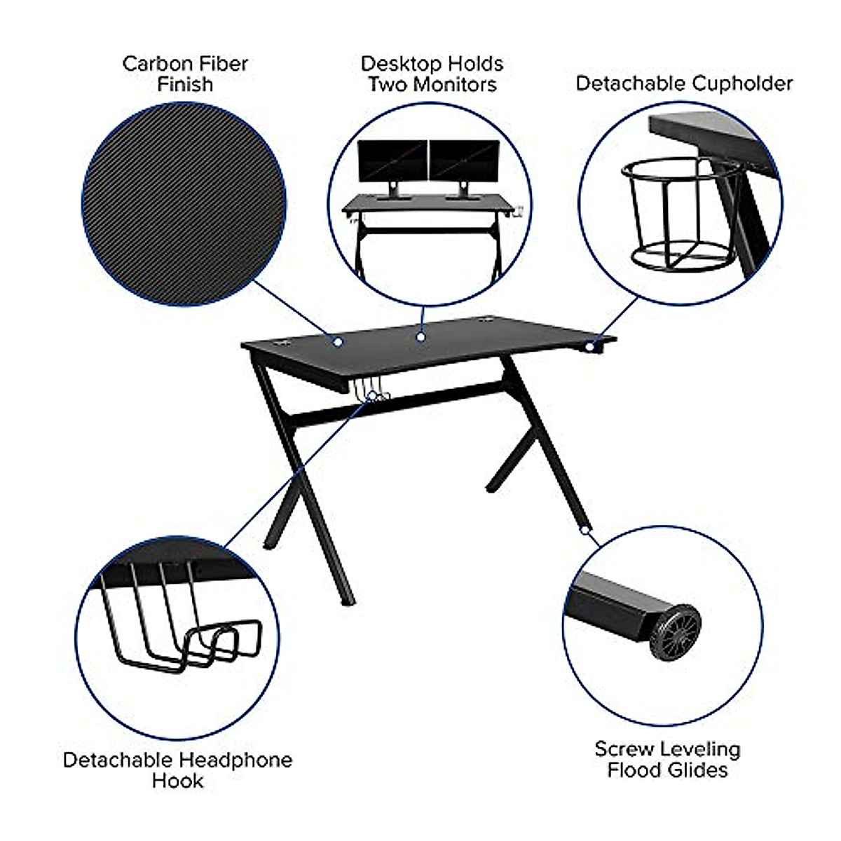 Flash Furniture Duncan Gaming Desk 45.25" x 29" Computer Table Gamer Workstation with Headphone Holder and 2 Cable Management Holes