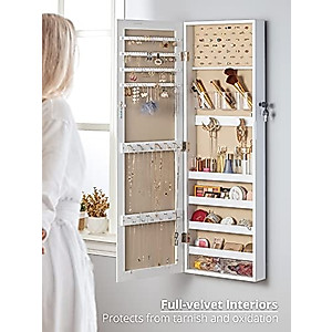 LUXFURNI Mirror Jewelry Armoire Cabinet with Storage, Door Hanging/Wall Mounted Cabinet Organizer with Brush Holder, White