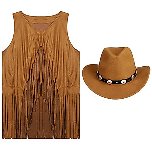 Jeyiour Set of 2 Cowgirl Outfits for Women Halloween 70s Hippie Cowboy Hat Fringe Vest Western Hats for Women Costume(Khaki, Medium)