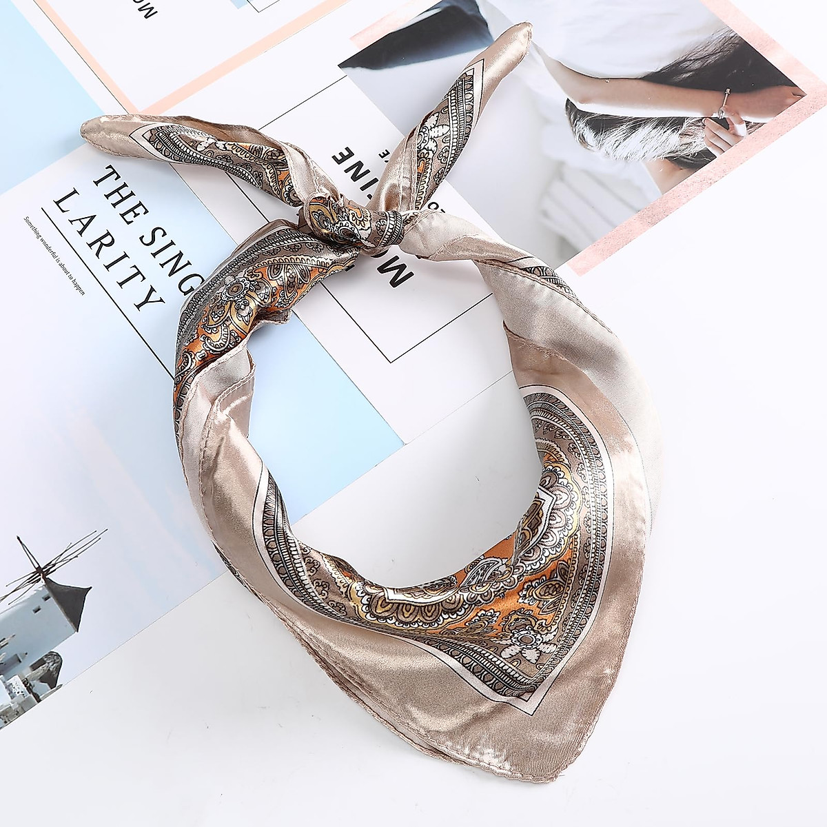 AWAYTR 23 Inches Satin Head Scarves for Women 4PCS Square Silk Like Hair Scarves Silk Hair Bandanas (Cashews (dark blue/red/light blue/khaki)