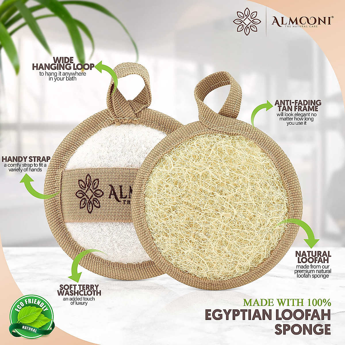 Almooni Natural Loofah Exfoliating Facial Scrubber, Made with Natural Egyptian Shower Loofah Sponge, Bath Shower Loofah Sponge for Women and Men, for Face That Gets You Clean - 6 Count (1 Pack)