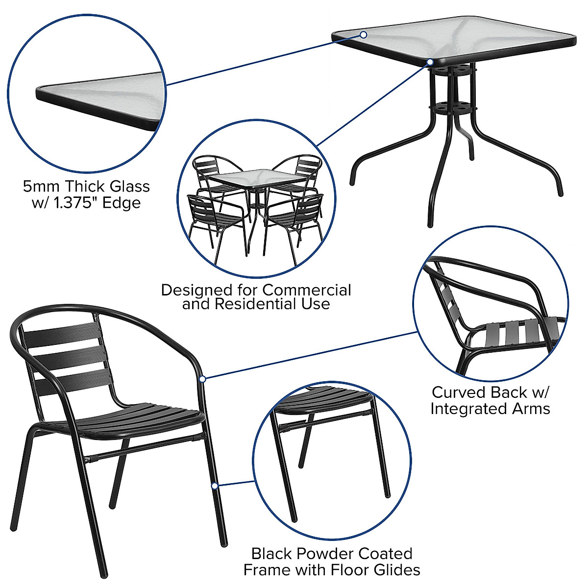 Flash Furniture 5-Piece Patio Dining Set with 31.5" Square Glass Metal Table and 4 Stackable Slat Back Chairs, Indoor/Outdoor Bistro Table and Chairs Set, Black