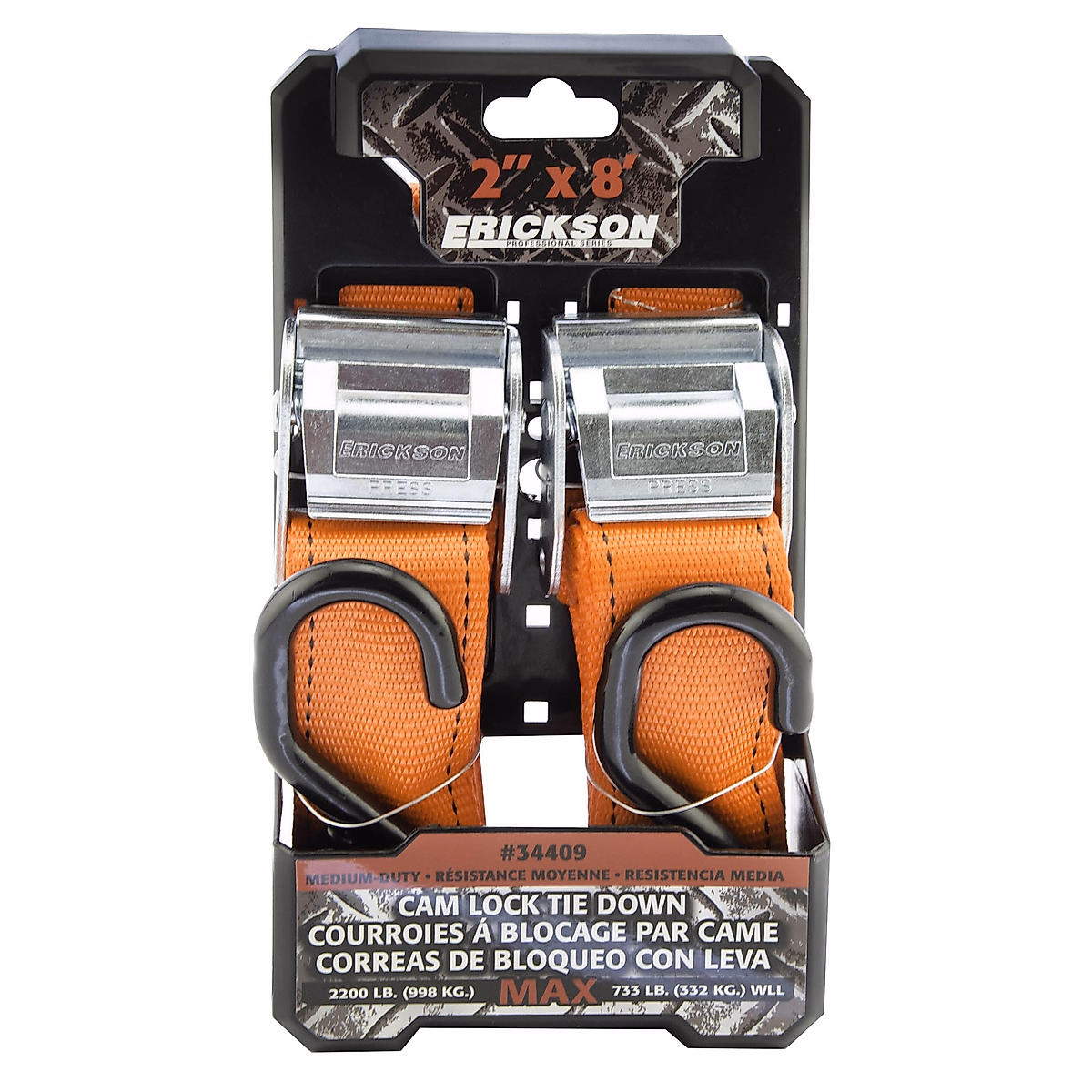 Erickson 34409 Pro Series Orange 2" x 8' Cam Lock Buckle Tie-Down Strap, (Pack of 2)