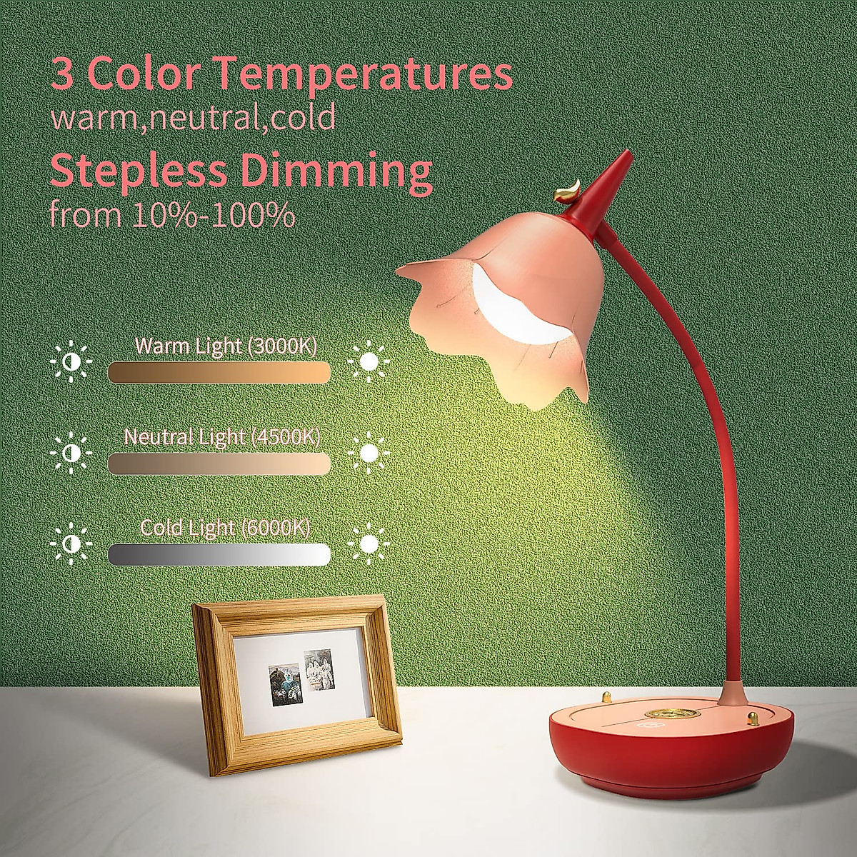 tekstap Desk Lamp Cute, Pink Lamp with Gooseneck, 2000mAh 3 Modes Dimmable Flower Desk Lamp, Rechargeable Eye-Caring LED Aesthetic Desk Lamp for Kids, Bedroom, Reading, Gift