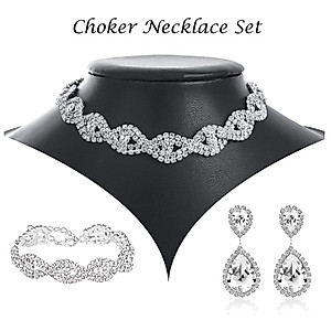 3 Pack Bridal Rhinestone Crystal Statement Choker Necklace Link Bracelet and Teardrop Dangle Earrings Jewelry Set