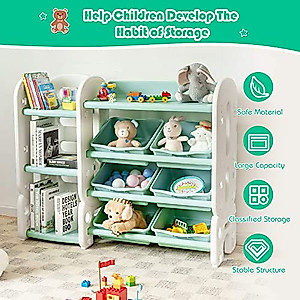 Costzon Kids Bookshelf with Toy Organizers and Storage, Multi-Purpose 4-Tier Shelf & 6 Removable Plastic Bins to Organize Books Toys, Toddler Bookcase for Playroom, Bedroom, Daycare, Nursery (Green)
