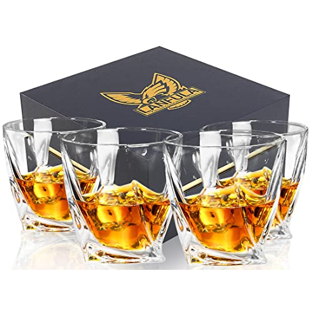 LANFULA Crystal Whiskey Glasses, Old Fashioned Cocktail Glass for Bourbon Scotch Whisky Vodka Drinking, Large Rocks Tumblers Set of 4