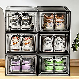 BYFU Shoe Box Drop Front Set of 6, Plastic Stackable Shoe Storage Boxes with Lids, Sneaker Display Case Shoe Organizer Bins for Closet, Easy Assembly (Dark Grey)