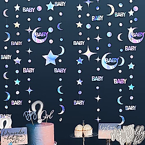 Iridescent Baby Garland Star Moon Circle Dot Streamer Holographic Baby Sign Twinkle Twinkle Little Star Hanging Banner for Baby Shower Oh Baby Welcome Baby Gender Reveal Party Decorations Supplies
