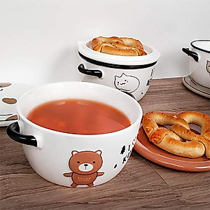 White Ceramic Bowl with Lid and Black Mini Handles, I Love Kuma Bear Design Dish for Noodles, Soup, Rice, 5 3/4 Inches