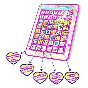 Lexibook Unicorn Educational Bilingual Interactive Learning Tablet, Toy to Learn Alphabet Letters Numbers Words Spelling and Music, English / Spanish Languages, Pink, JCPAD002UNIi2