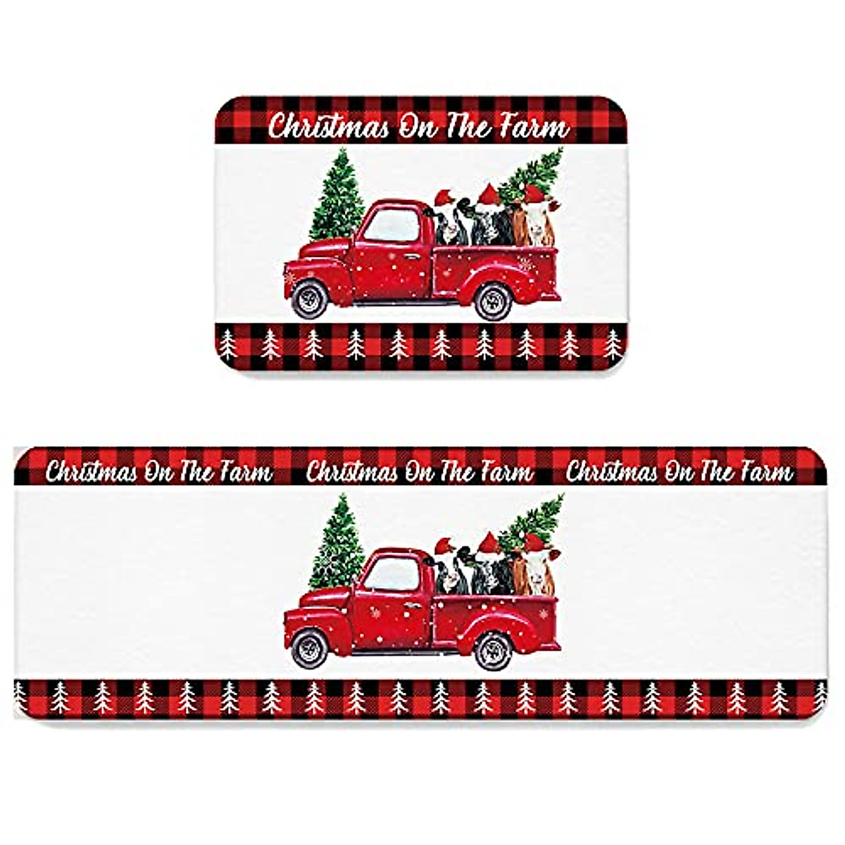 ArneCase Kitchen Mat Set of 2 Ultra Soft Felt Rugs,Christmas on The Farm A Red Truck Carrying Cows and Pine Trees Anti Fatigue Kitchen Rugs Memory Foam Carpets for Home,Sink,Laundry