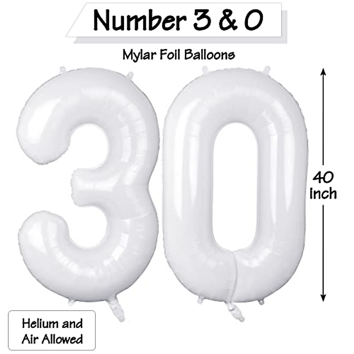 40 Inch White 30 Number Balloons, Jumbo Foil Balloons for 30th Birthday Party Decorations Supplies / 30th Anniversary Event
