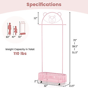 Costzon Kids Clothing Rack, Height Adjustable Kids Dress Up Storage for Hanging Clothes, Metal Garment Rack with Storage Basket, Wheels, Clothes Rack for Kids Room, Playroom, Bedroom (Pink)