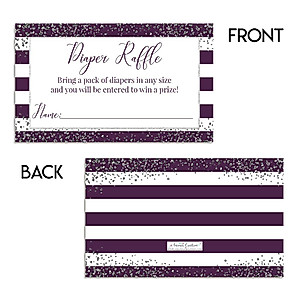 Beautiful Striped Purple & Silver Diaper Raffle Tickets for Girl Baby Showers, 20 2" X 3” Double Sided Insert Cards for Games by AmandaCreation, Bring a Pack of Diapers to Win Favors & Prizes!
