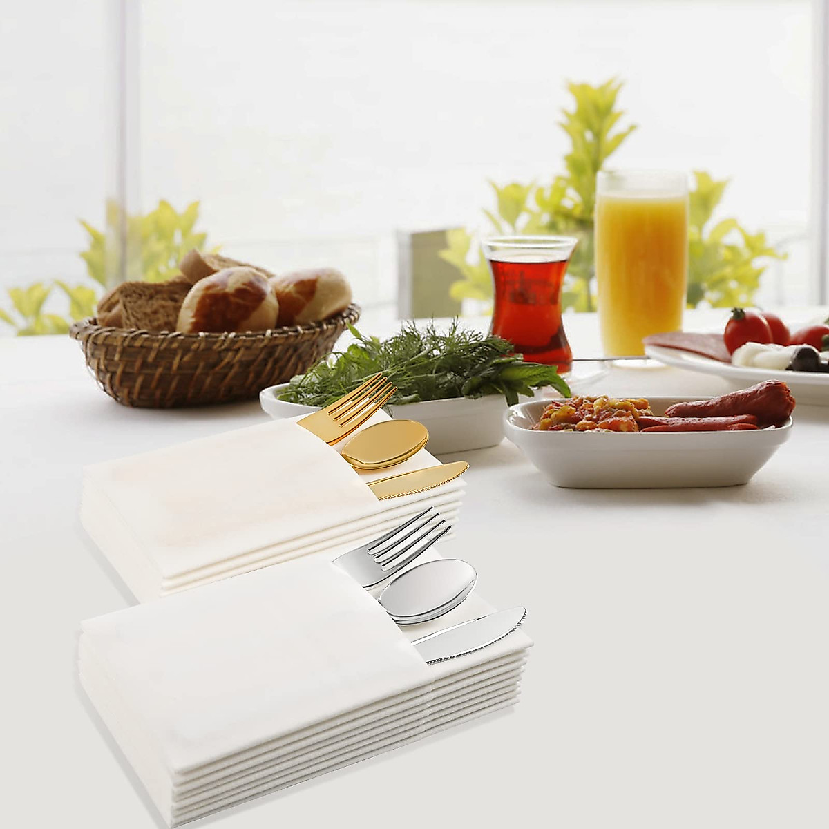 White Dinner Napkins Disposable - 100Pack Linen-Feel Paper Napkins with Built-in Flatware Pocket, Prefolded Cloth Like Paper Napkins Bulk For Dinner, Wedding, Party or Everyday Use