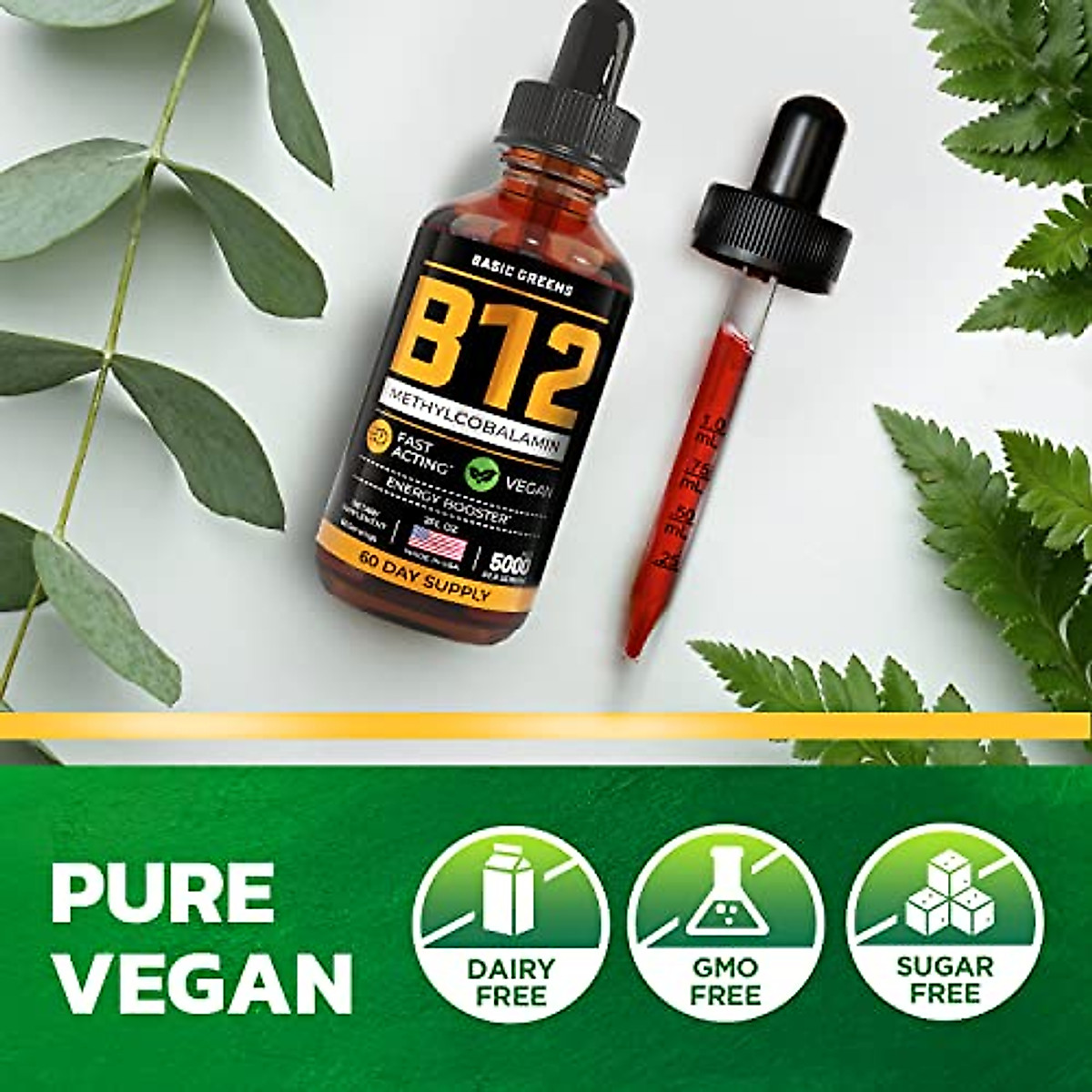 BASIC GREENS Vitamin B12 Sublingual (Vegan) 2 Fl Oz - Methylcobalamin B12 Vitamins 5000 mcg, B12 Liquid, Liquid B12, B12 Drops, Methyl B12, Cherry Flavor