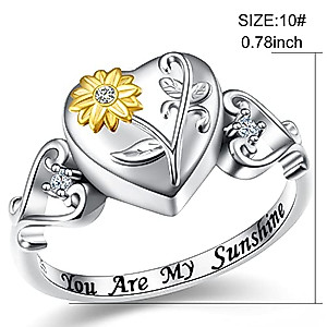 HOOHWE Sterling Silver Cremation Jewelry Sunflower Urn Rings Holds Loved Ones Ashes, You Are My Sunshine Heart Urn Ring Keepsake Cremation Ring Memorial Jewelry for Ashes for Women Men