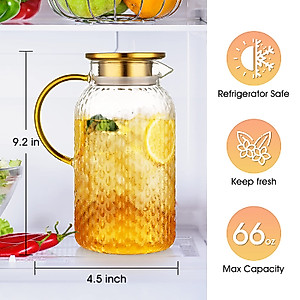 Glass Pitcher - 66 OZ fridge door pitcher Drip-Free Glass Water Pitcher with Lid, 18/8 Stainless Steel Iced Tea Pitcher, Easy Clean Heat Resistance Glass Carafe For Hot/Cold Beverages, Iced Tea, Juice