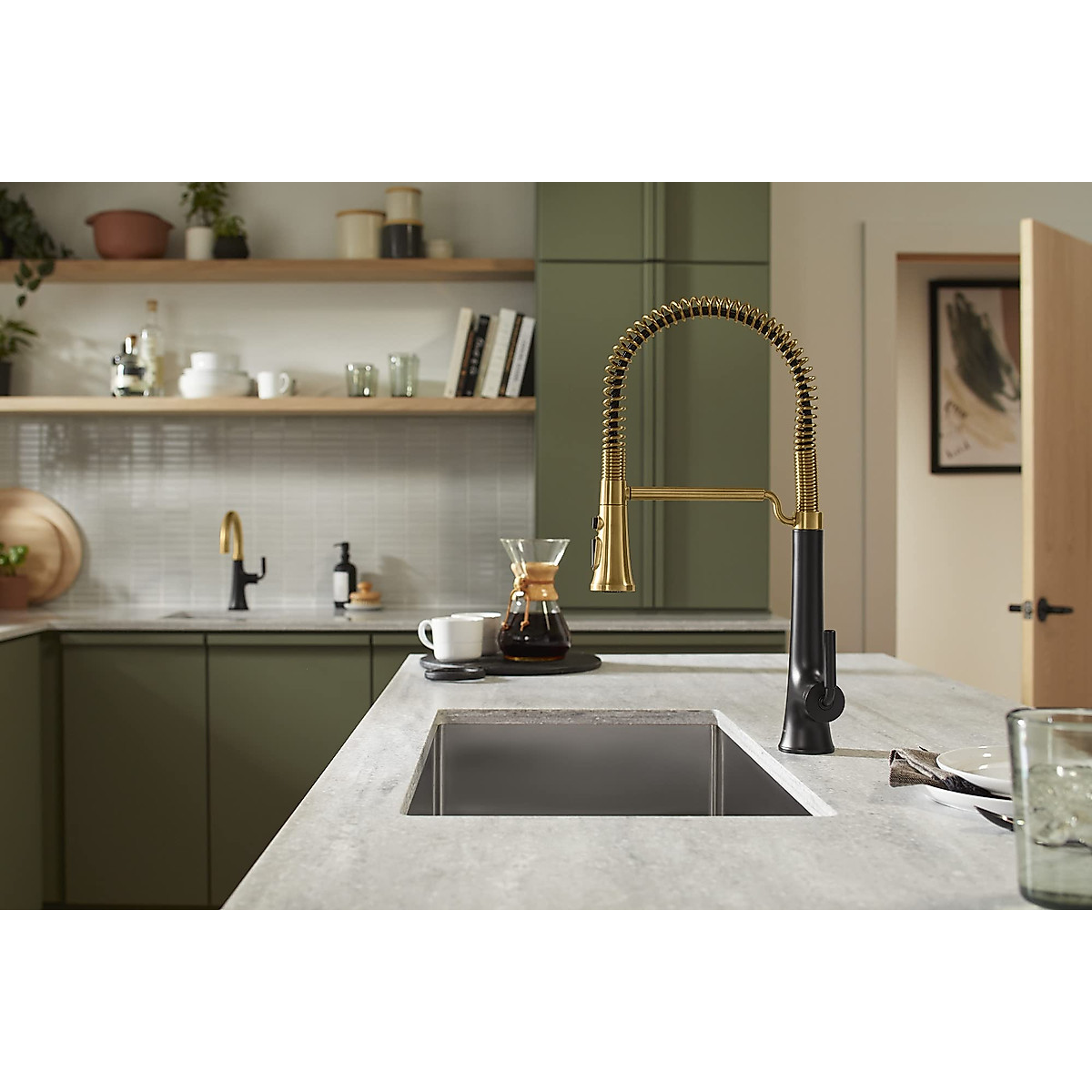 KOHLER 23765-BMB Tone Semi Professional Kitchen Faucet, Matte Black Moderne Brass