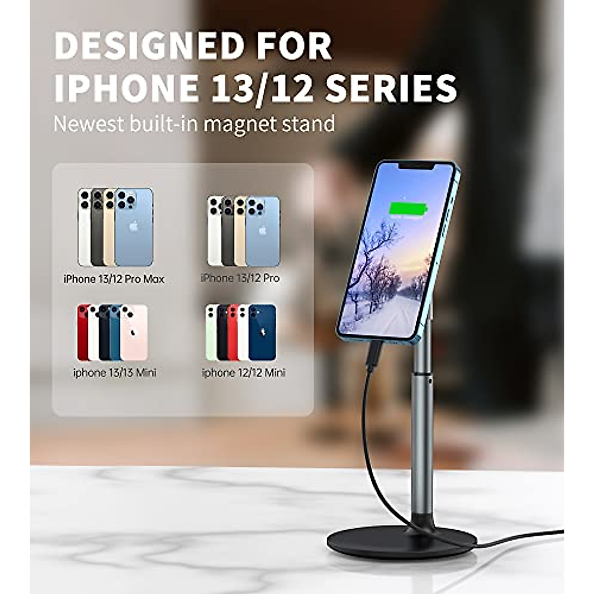 Magnetic Desk Phone Stand for iPhone 14/13/12 - Phone Holder Dock with 360°Rotation, Height&Tilt Adjustable for Office/Home Compatible with iPhone 14 Plus 13 12/13 12 Mini/13 12 Pro Max,Mag-Safe Case