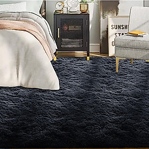 ROCYJULIN Area Rug, 6x9 Shag Rug, Non-Slip Polyester Carpet for Living Room, Black