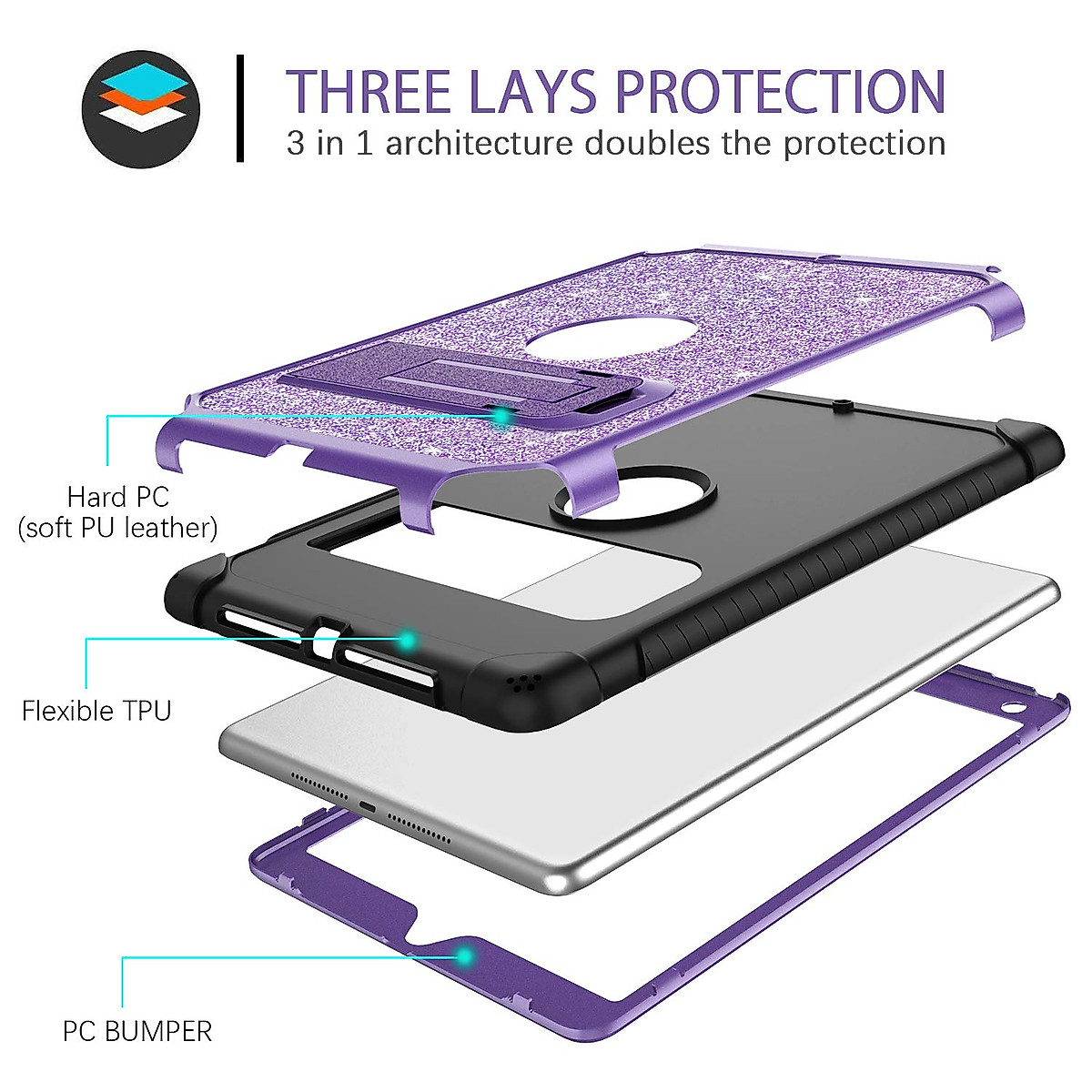 DUEDUE for iPad 9.7 Case 2017/2018, iPad Air 2 Case, iPad 6th/5th Generation Case with Kickstand Glitter Bling 3 in 1 Heavy Duty Hard PC Cover Shockproof Protective Case for iPad Pro 9.7, Purple