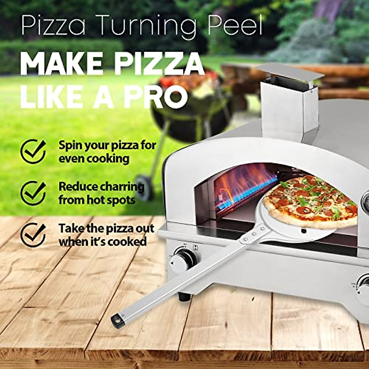 Pizza Turning Peel 8-inch Round Head Pizza Turner, Anodized Aluminum Perforated Pizza Peel Spinner with Long Handle, Pizza Oven Accessories