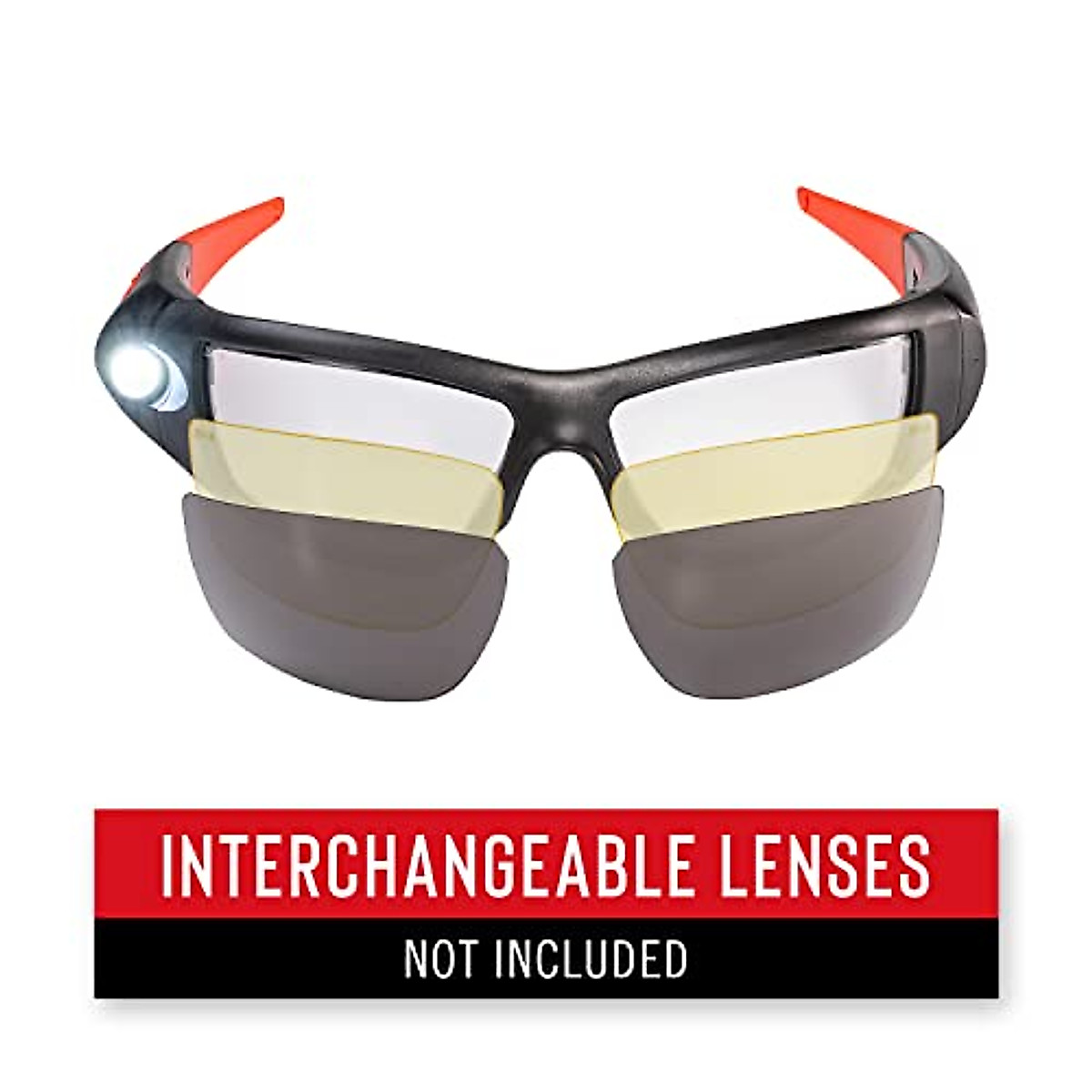 Coast SPG400 Rechargeable Lighted LED Safety Glasses with Built-In Inspection Beam, Scratch Resistant Interchangeable Lenses Black/Red