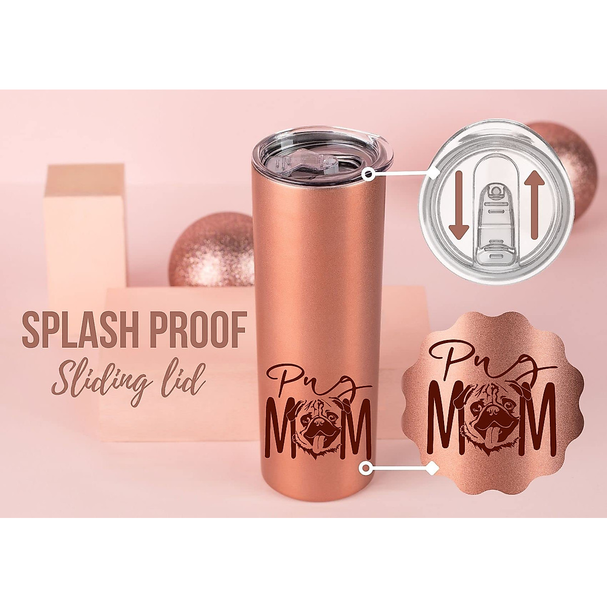 Onebttl Pug Gifts, Dog Lover Gifts, Gifts for Dog Mom, Dog Owner, Women, Girls, Friends, Daughters, Coworkers, 20Oz Skinny Tumbler, Pug Mom, Rose Gold