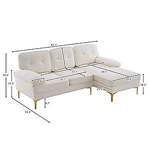 POULEII Sectional Sofa,Modern L-Shape Modular Sectional Sofa Sleeper Couch with Chenille Fabric and Gold-Plated Feet for Living Room, Apartment, Office,Creamy-White