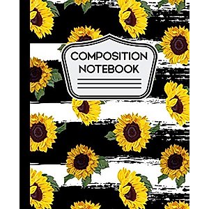 Composition Notebook: Sunflowers Pattern on Black and White Striped Background - 7.5" X 9.25" - Wide Ruled 110 Pages