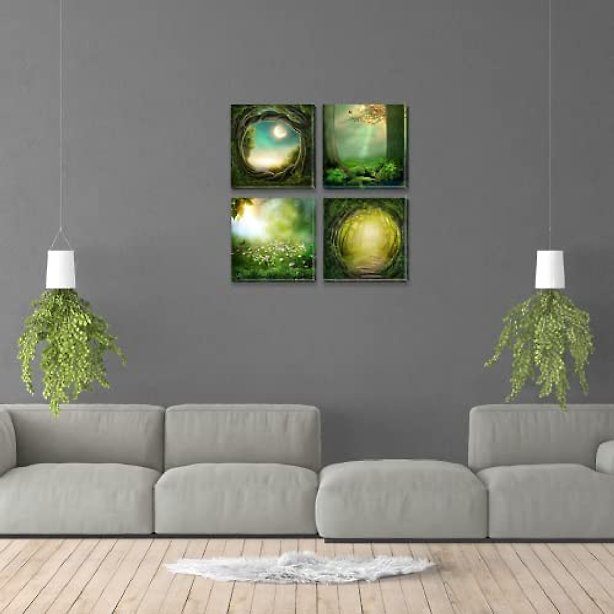 Green Forest Wall Art Prints Funny Wonderland Canvas Paintings 4 Pieces Nature Landscape Pictures Fairyland Artwork for Nursery Living Room Bathroom 12"x12"