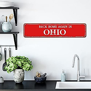 Nintydays Back Home Again in Ohio Metal Tin Sign Pure Red USA State Indoor Outdoor Decorations Waterproof for Garages Bar Courtyard Durable Metal Funny Garage Sign 4x18in