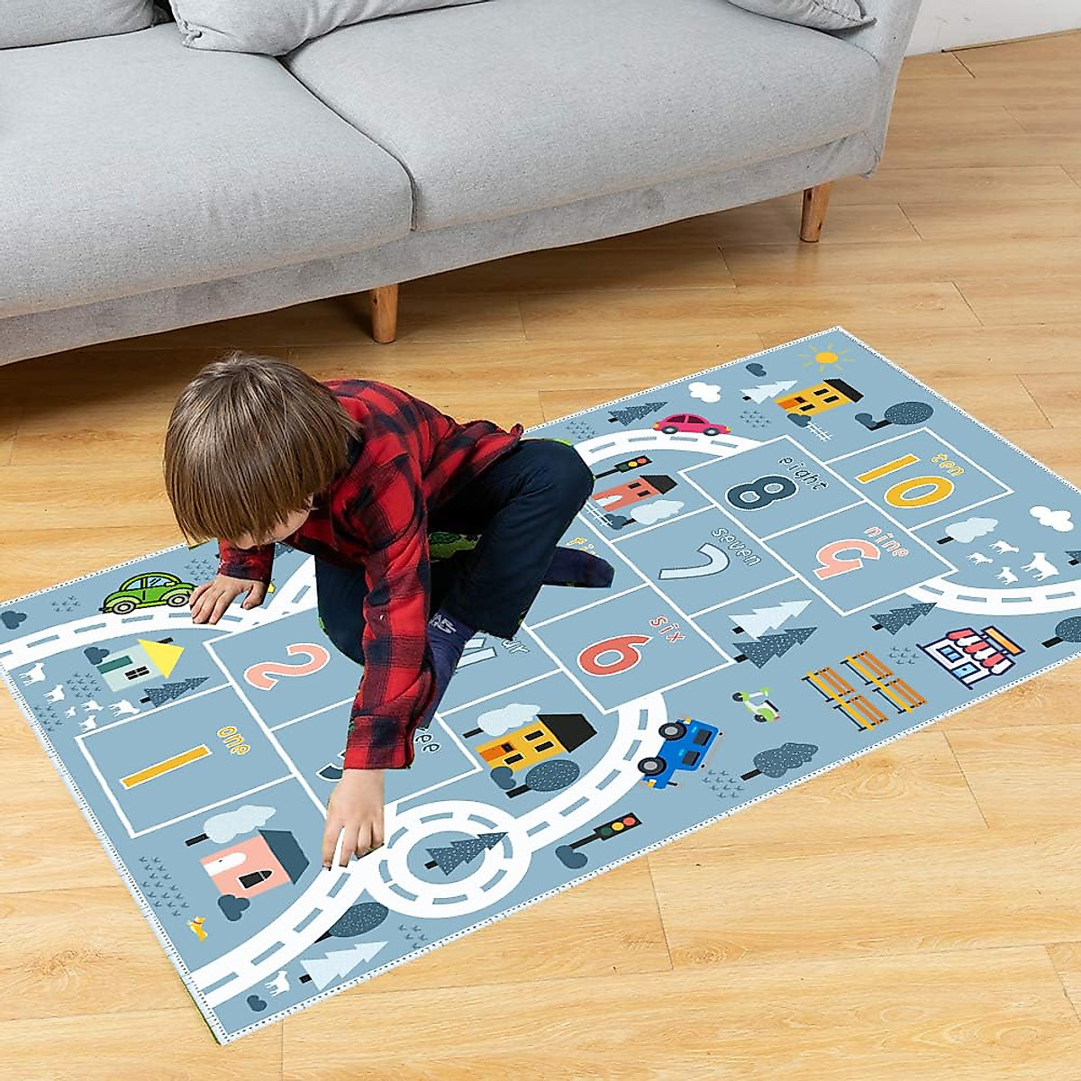 LGQLJPLQQ Hopscotch Rugs for Kids, Kid Rug for Bedroom,Road Rug, Playroom Rug for Kids Toy Cars, Nursery Rug for Teaching Toddler(Blue, 6' x 9')