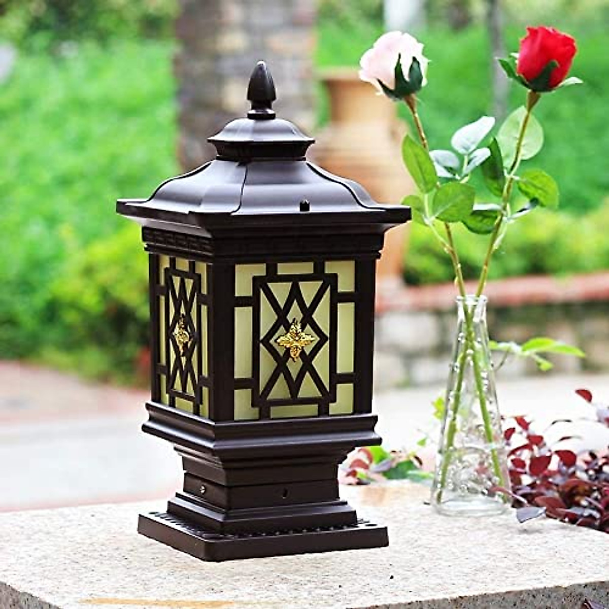 MODEBHD Column Lamp Brown Chinese Retro Rustproof Aluminum Metal Exterior Lamp Vintage Square Outdoor IP44 Waterproof Post Light Fixtures E27 Garden Wall Patio Pillar Lamp Stigma Light