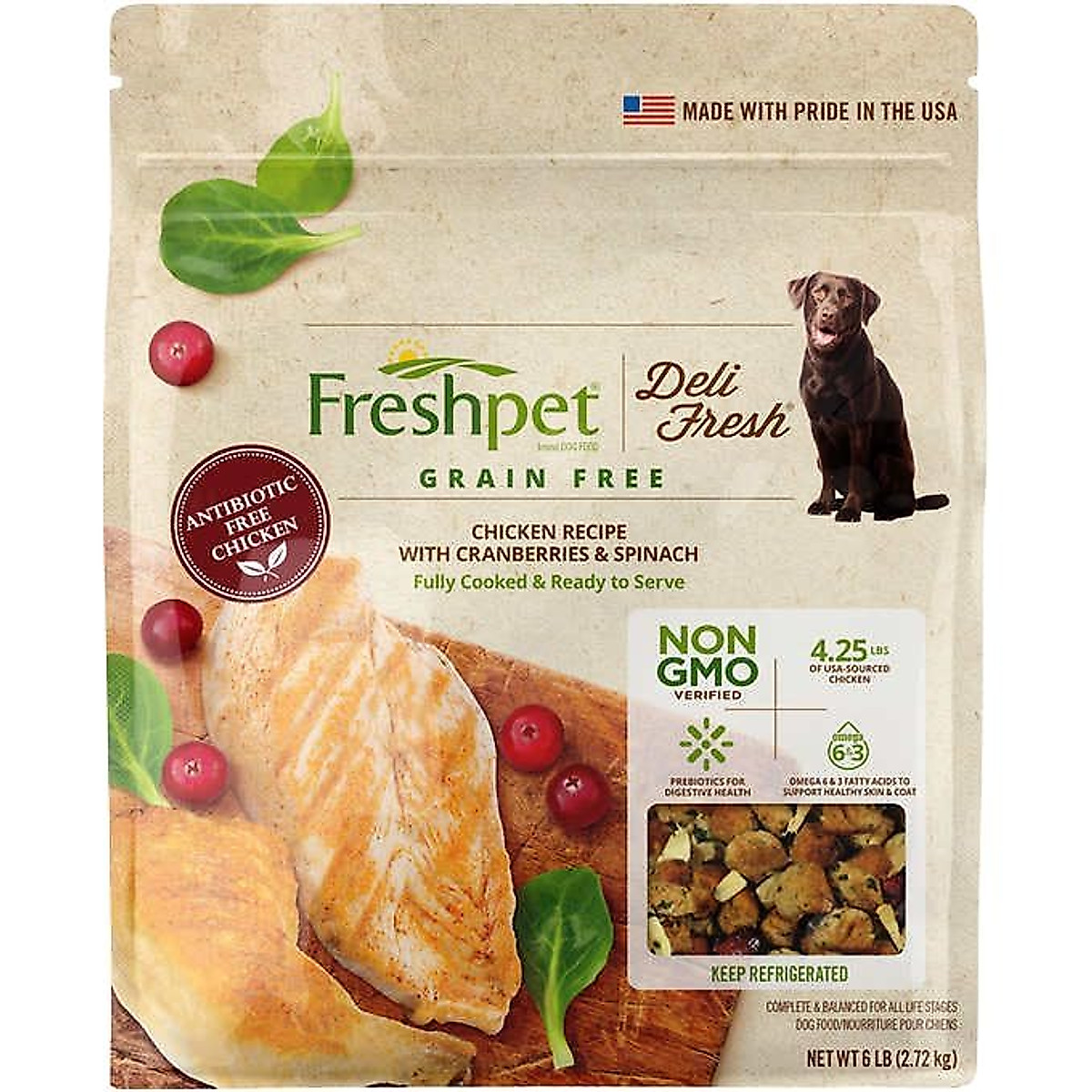 Freshpet Salutem Vita Select Deli Fresh, Chiken Recipe with Cranberries & Spinach, Grain Free, Complete Meal Bag 6 lbs