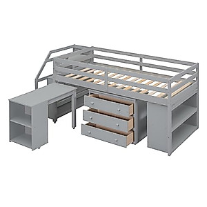 VilroCaz Twin Size Low Loft Bed with Retractable Writing Desk and 3 Drawers, Wooden Loft Bed Frame with Storage Stairs and Shelves for Kids Teens Boys Girls, Sturdy Slats Support (Grey-SRT)