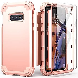 IDweel Galaxy S10E Case with Tempered Glass Screen Protector, Galaxy S10E, Hybrid 3 in 1 Shockproof Heavy Duty Protection Hard PC Cover Soft Silicone Rugged Bumper Full Body Cover, Rose Gold