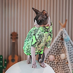 Sphynx Hairless Cat Clothes Spring Summer Limited Edition Snake Skin Pattern Cotton T-Shirts Elasticity Turtleneck Pet Clothes for Cat (M (6-7.7lbs), Fluorescent Green)