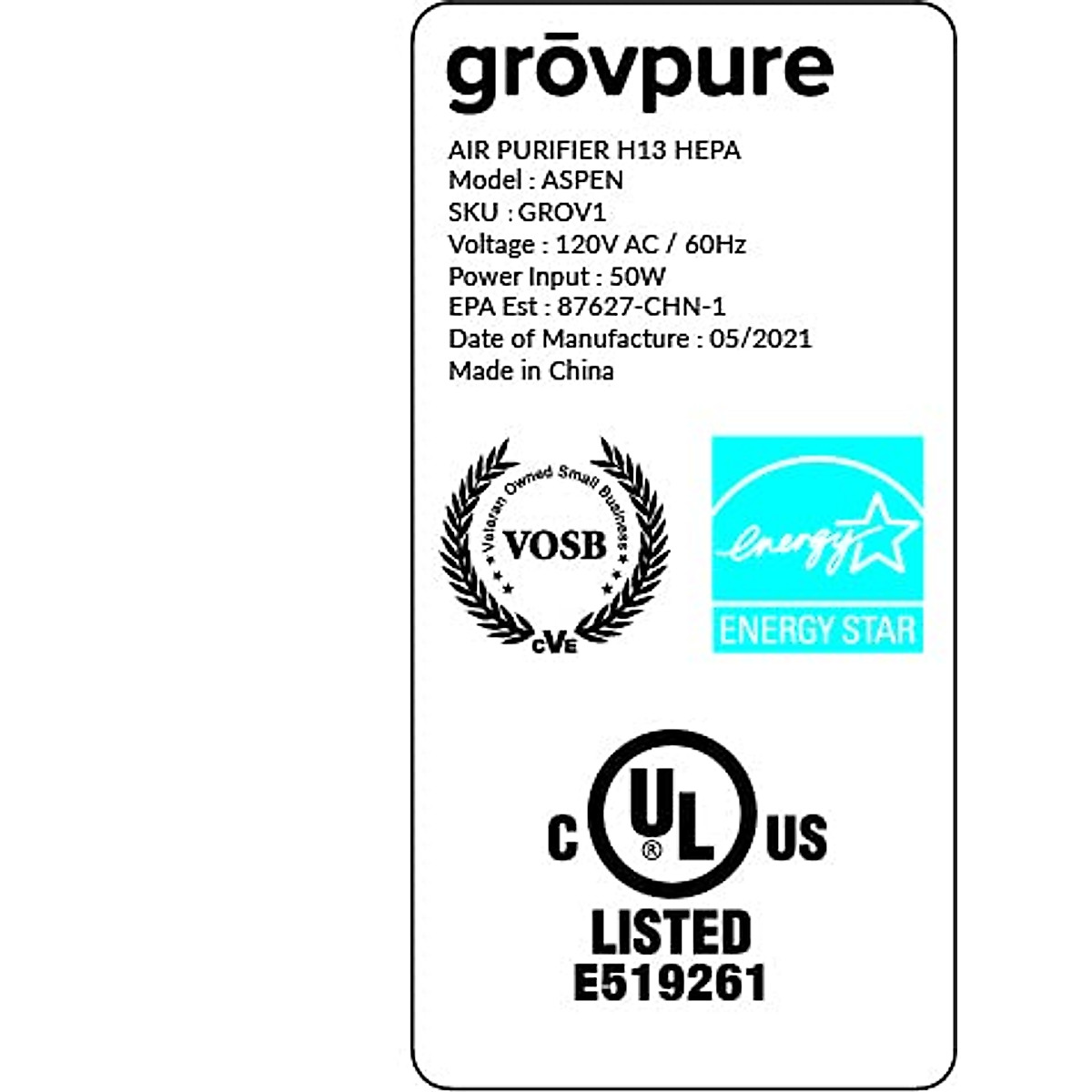 Grovpure Aspen H13 HEPA Air Purifier with UVC Light and Air Quality Indicator, 275 CFM CADR