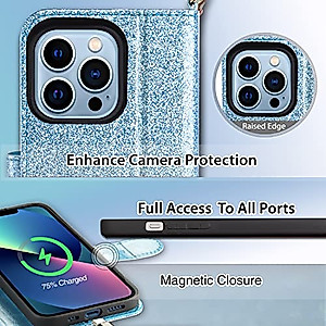 Coolwee Wallet Case Compatible iPhone 13 Pro Max Flip Folio Cover with Card Slots Kickstand Design Wrist Strap Girls Women Glitter PU Leather Compatible with Apple iPhone 13 Pro Max Blue Glitter