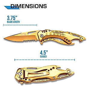 MTech USA – Spring Assisted Folding Knife – Partially Serrated Gold TiNite Coated Stainless Steel Blade, Gold TiNite Coated Aluminum Handle, Pocket Clip, Tactical, EDC, Self Defense- MT-A705GD