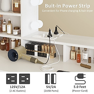 Vabches Makeup Vanity with Lights and Charging Station, Functional White Vanity Table with 5 Drawers and Lots Storage Shelves for Women Girls, 48.3in(W)