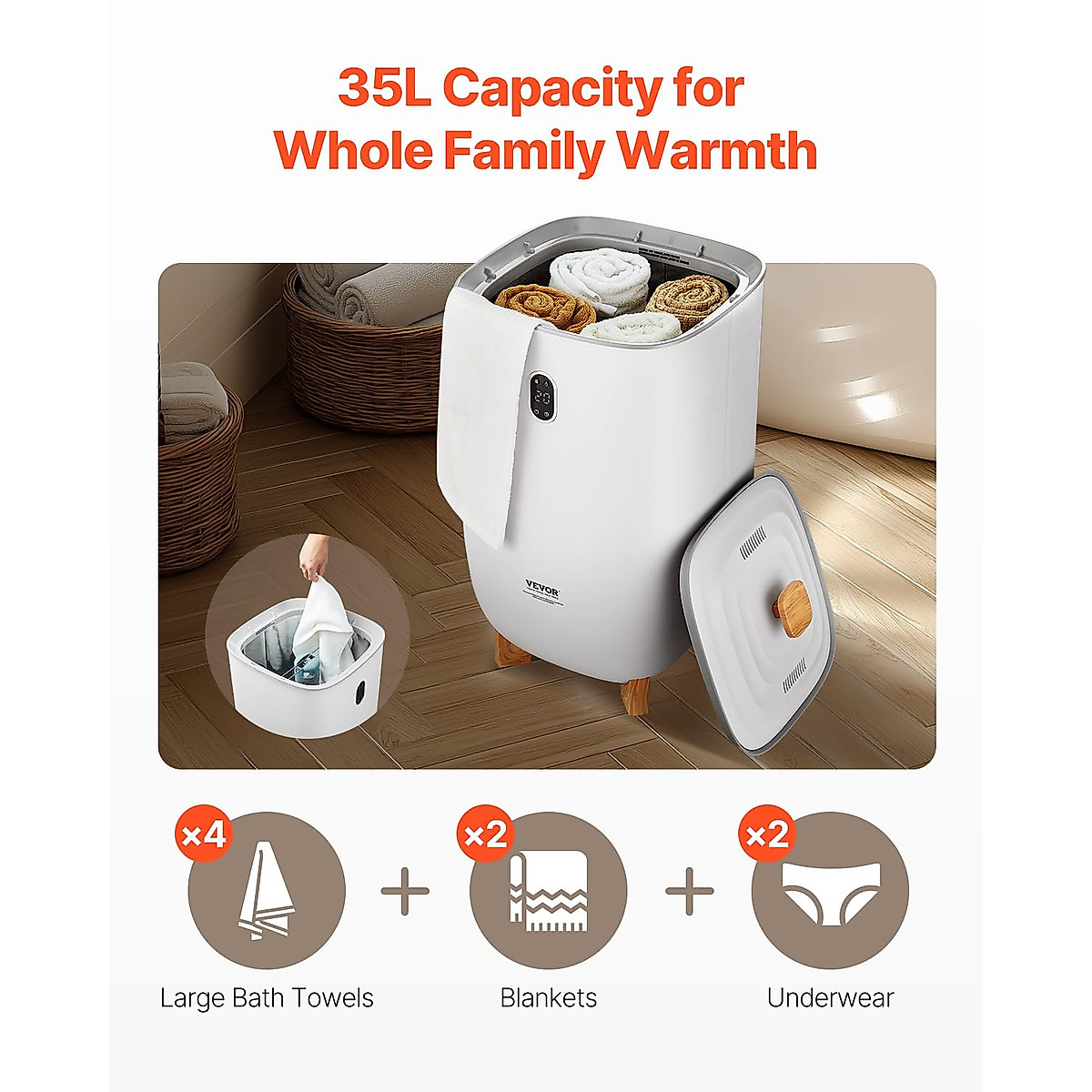 VEVOR Towel Warmer 35L, Towel Warmer Bucket with Drying Modes(2-5h), Heating Mode 20/40/60/90 Min Auto Shut Off, LED Screen, Luxury Large Towel Warmer for Bathroom, Spa, Bathrobe, Blanket & Pajama