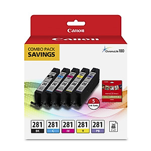 Genuine Canon CLI-281 5-Color Ink Tank Combo Pack with 5 x 5" Photo Paper (2091C006) + Canon PGI-280 XL Pigment Black Ink Tank (2021C001)